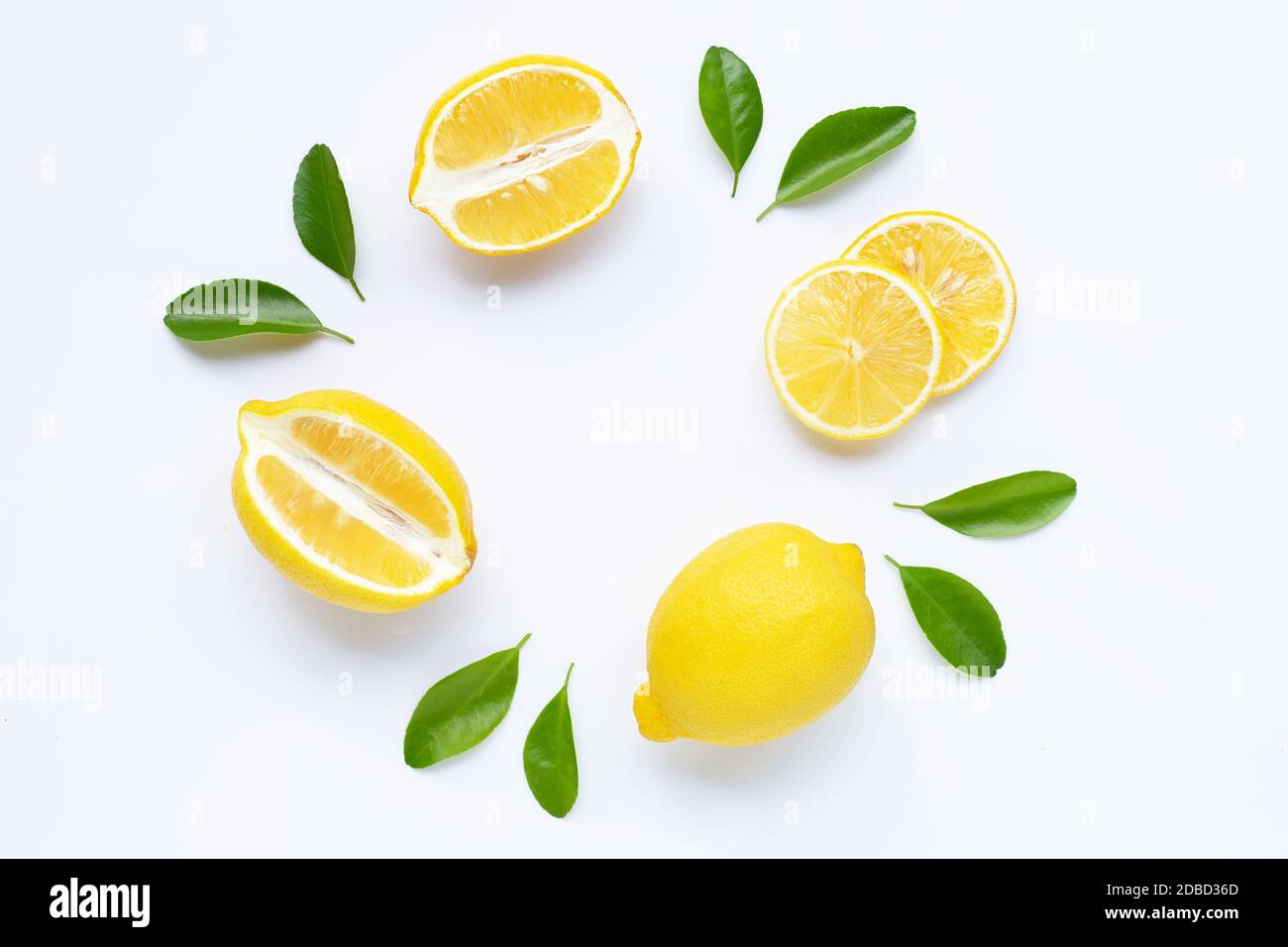 Lemon and slices with leaves isolated on white background Stock Photo ...