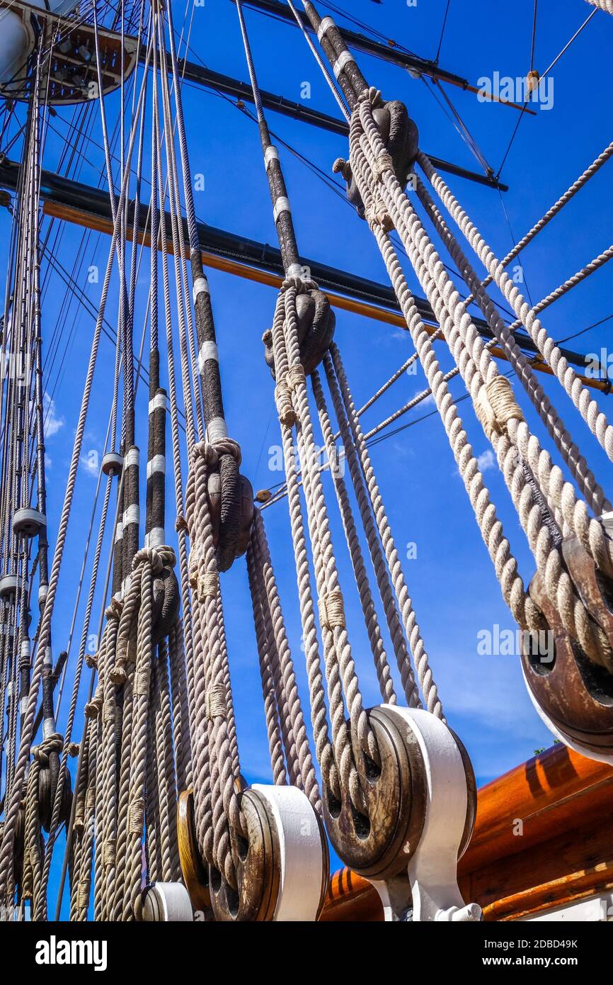 Old naval ship mast and sail ropes detail Stock Photo - Alamy