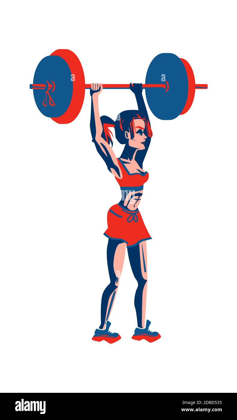 Girl bodybuilder lifts a barbell with a big weight, sports training in ...