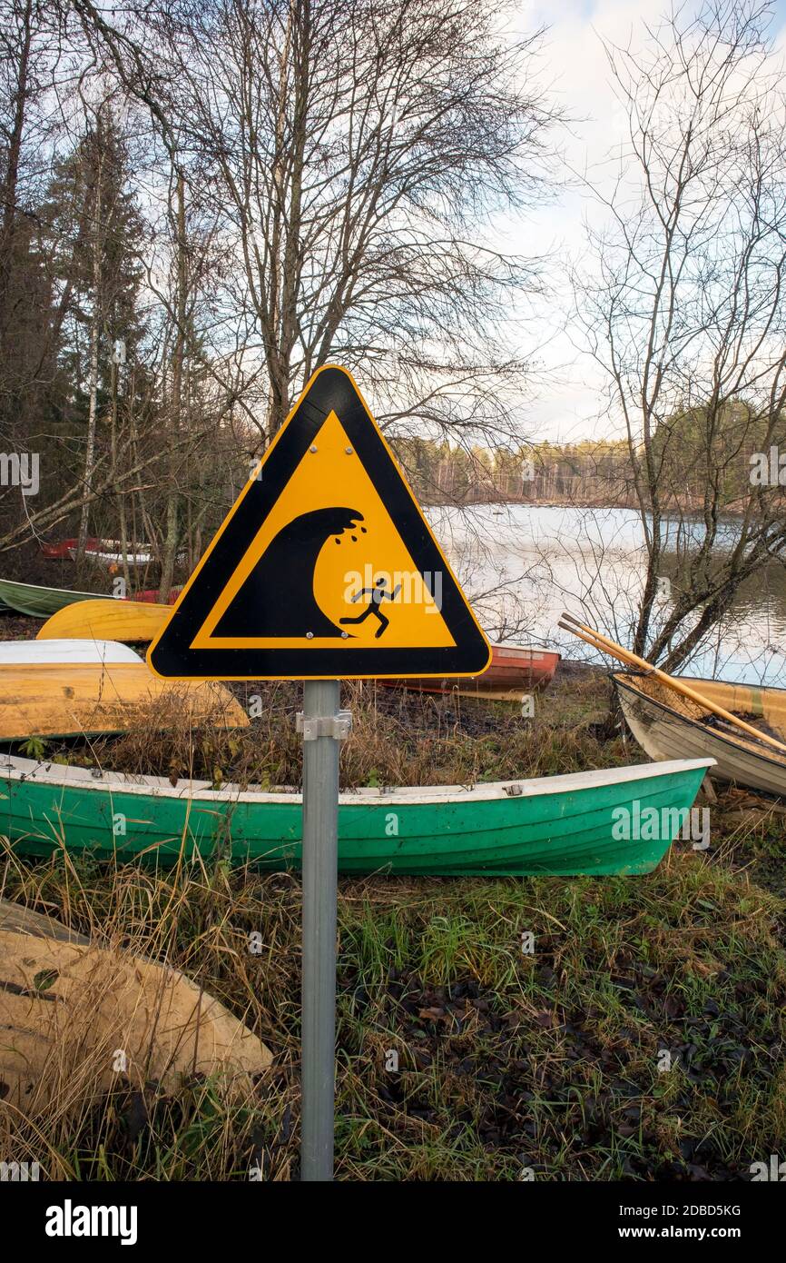 big wave warning sign, Imatra Finland Stock Photo - Alamy