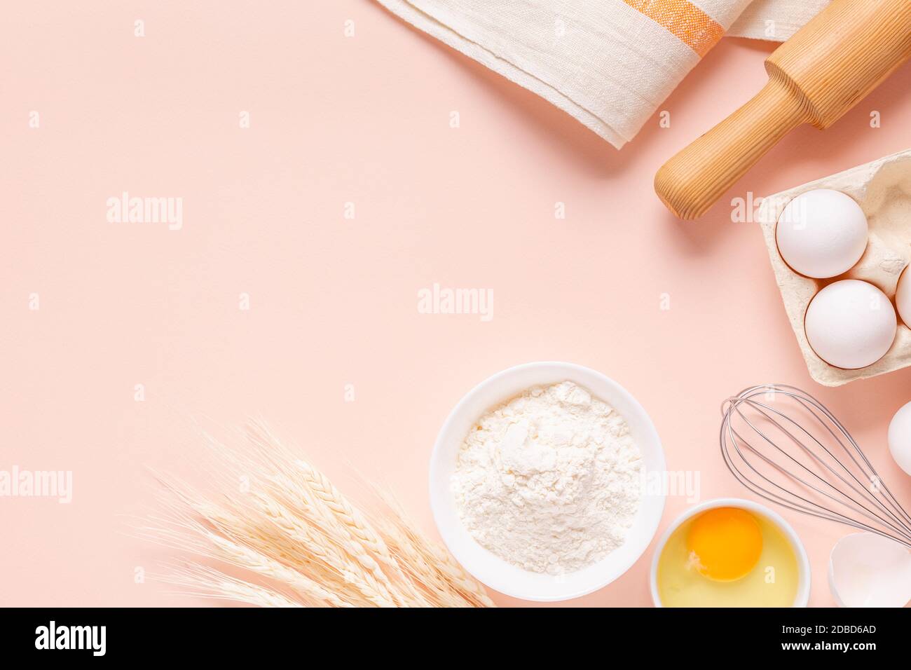 Ingredients for baking on light pink background, space for text Stock ...