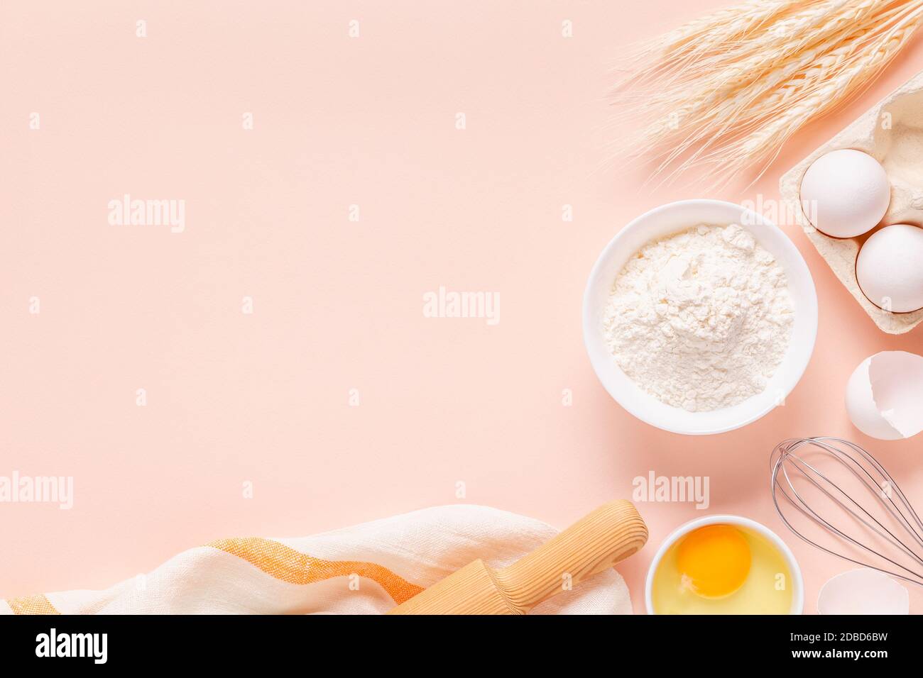Ingredients for baking on light pink background, space for text Stock ...