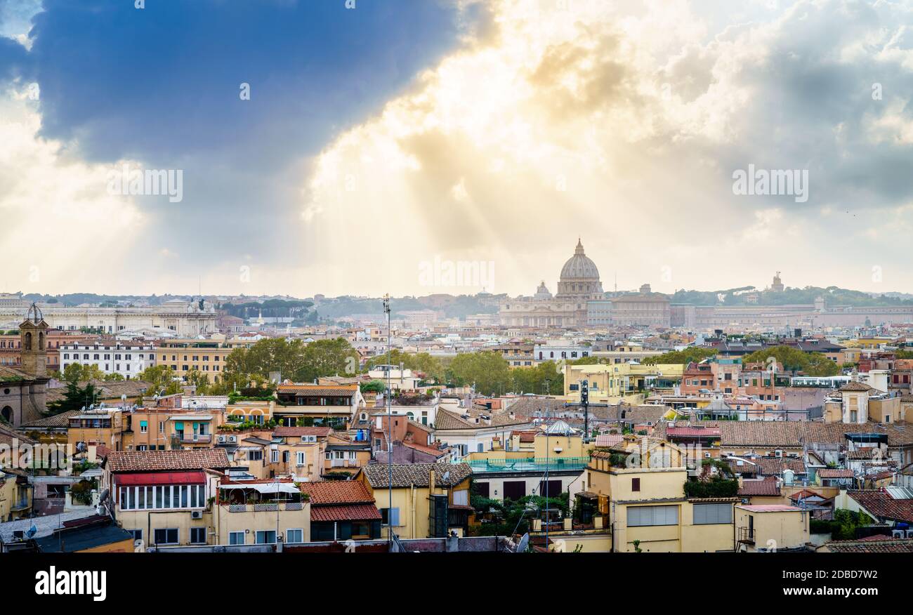 View of Rome skyline and St. Peters Cathedral from Terrazza del Pincio ...
