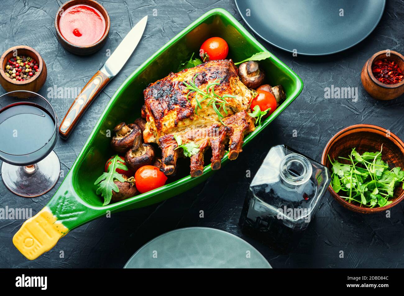 Pork loin or roasted rack of pork with vegetable.Grilled food Stock ...