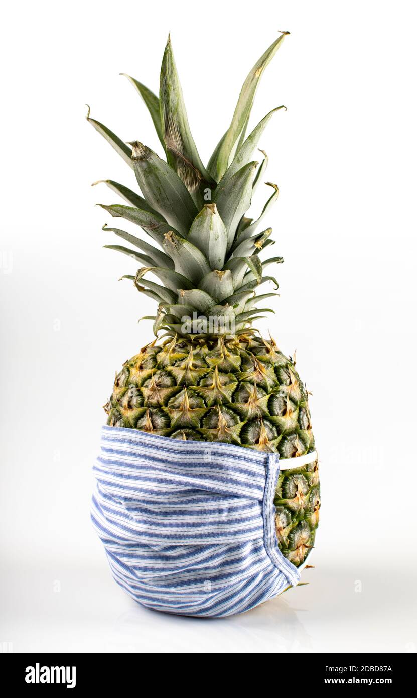 As a symbol of coronavirus, pineapple wears a breathing mask for the ...