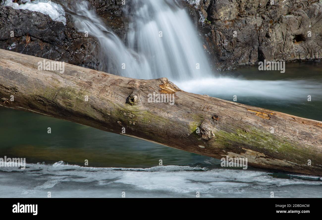A wooden log lays on a thin sheet of ice on top of a river in Arkansas ...