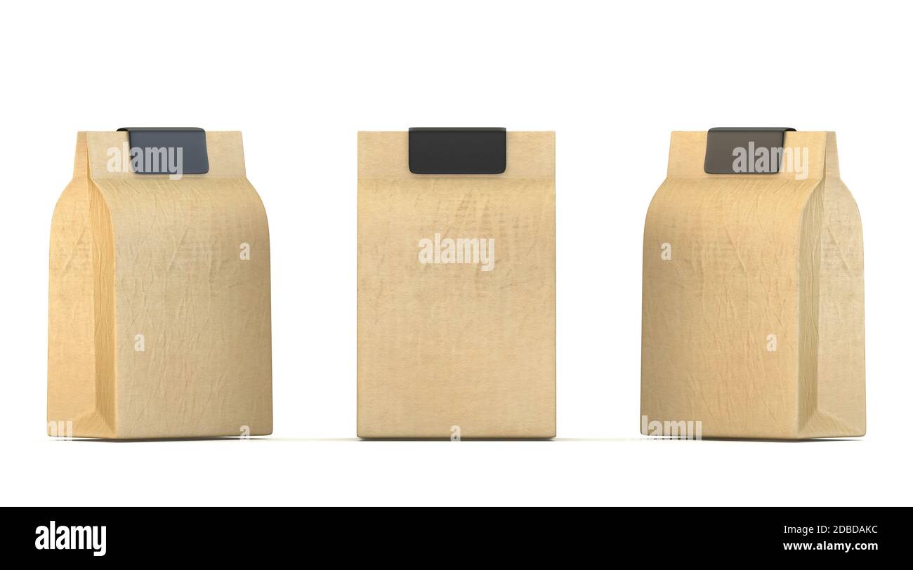 Three shopping paper bags with black label 3D render illustration ...