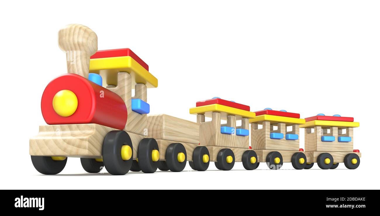 Wooden train 3D render illustration isolated on white background Stock ...