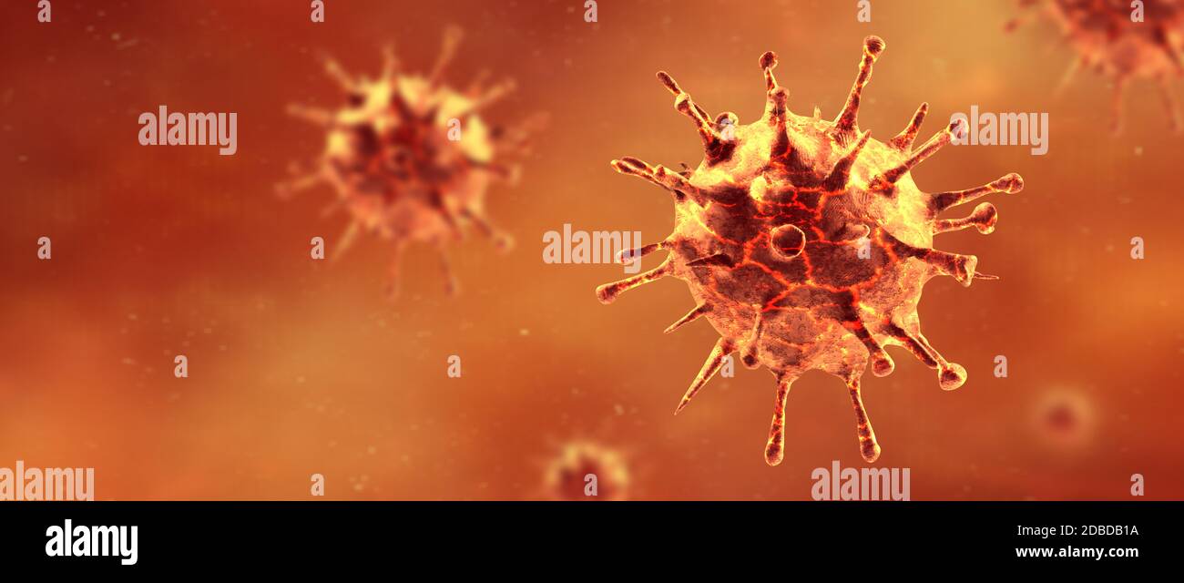 Microscopic view of influenza virus cells. 3D medical illustration ...