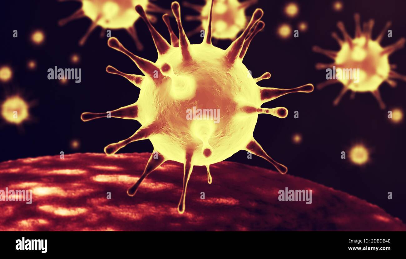 Microscopic view of influenza virus cells. 3D medical illustration ...