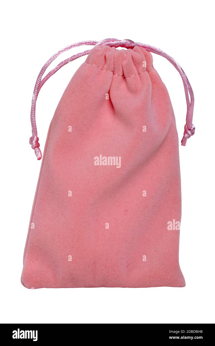 Closeup of a pink fabric gift drawstring bag or cloth bag isolated on a ...