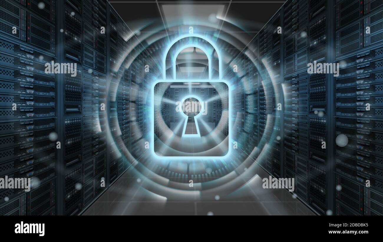 Digital security hologram with padlock on server room - Cyber security ...