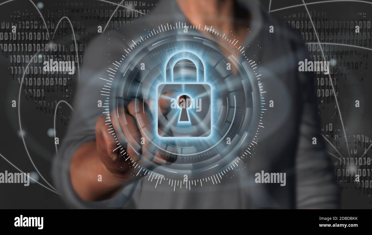 Cyber security internet and networking concept - businessman using digital screen padlock on ...