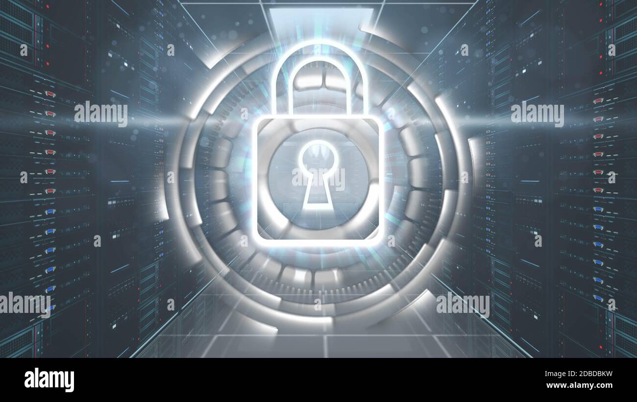 Digital security hologram with padlock on server room - Cyber security ...