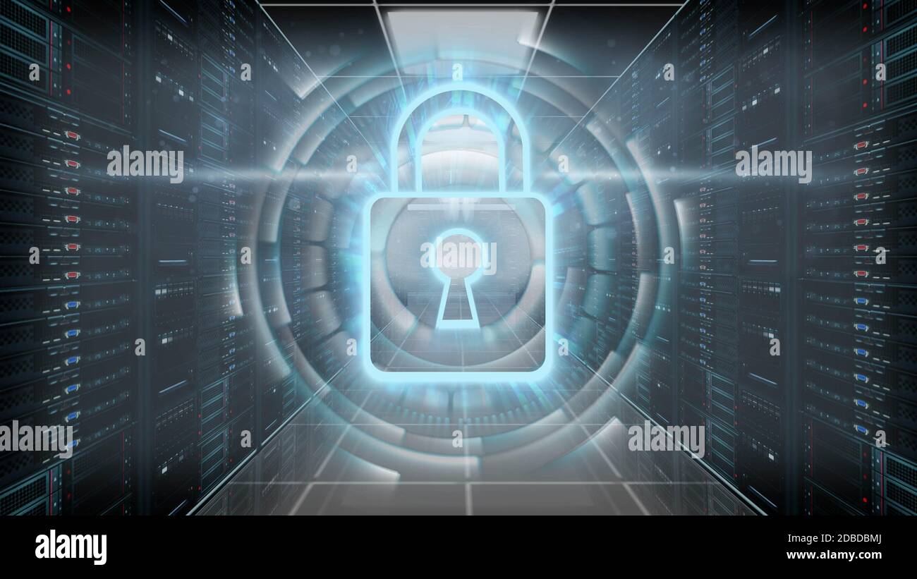 Digital security hologram with padlock on server room - Cyber security ...