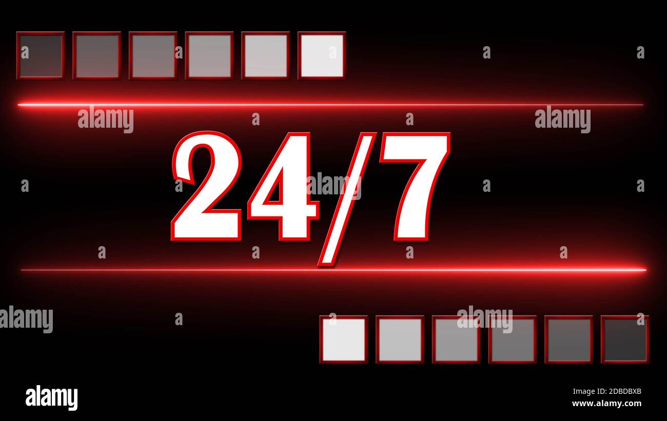 24 hours 7 days sign with graphic elements - flamed in red on black ...