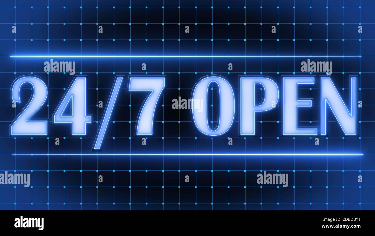 24 hours 7 days sign with lettering OPEN and graphic elements - neon ...