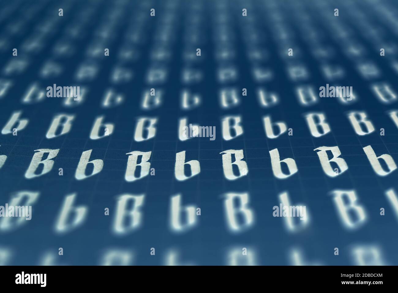 Calligraphic white on dark blue letter B learning skills paper page ...