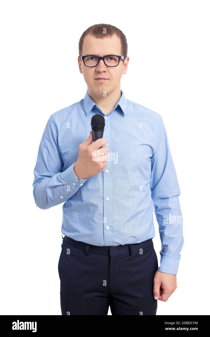 Smiling male journalist holding microphone hi-res stock photography and ...