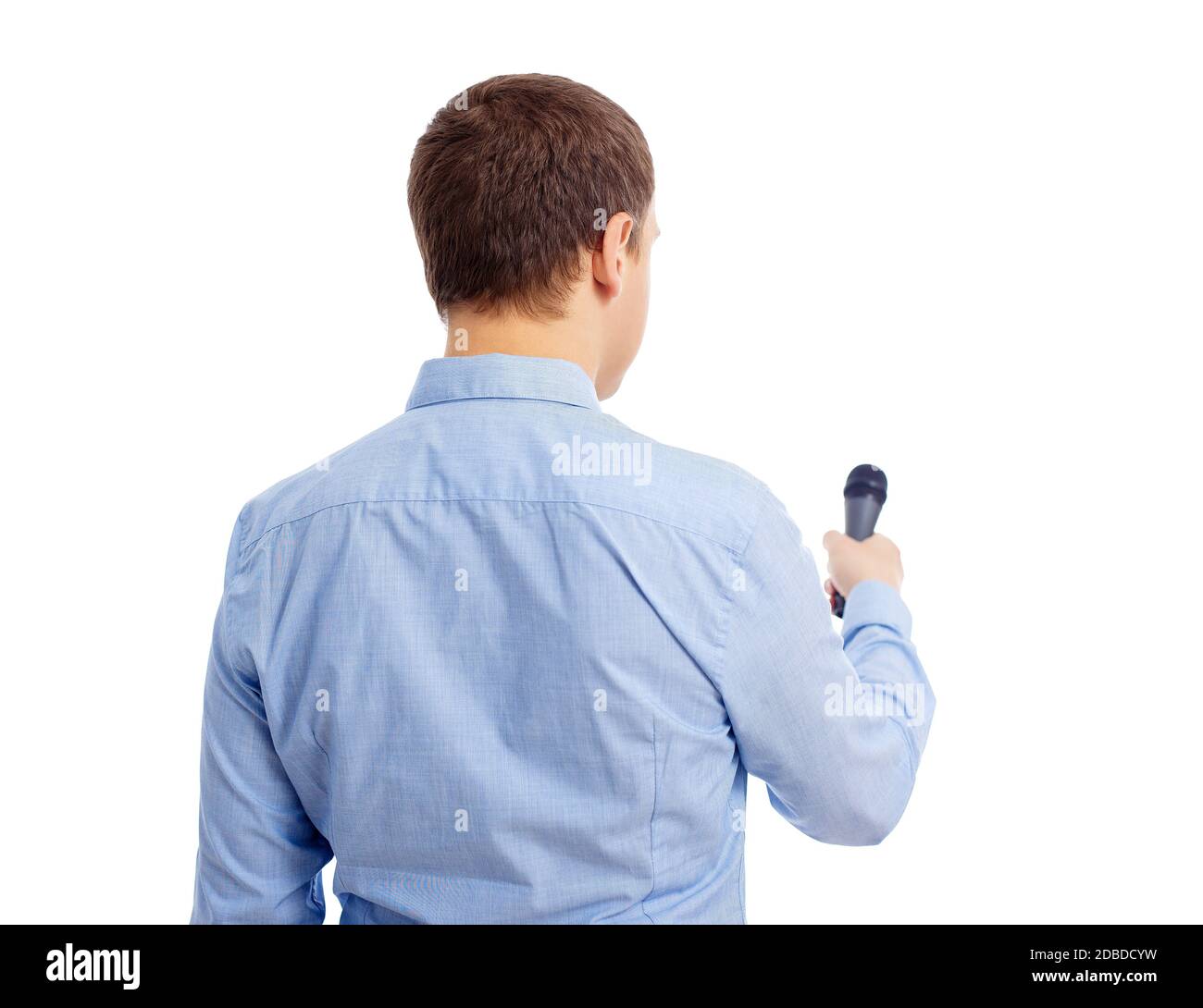 back view of male journalist or reporter with microphone interviewing ...