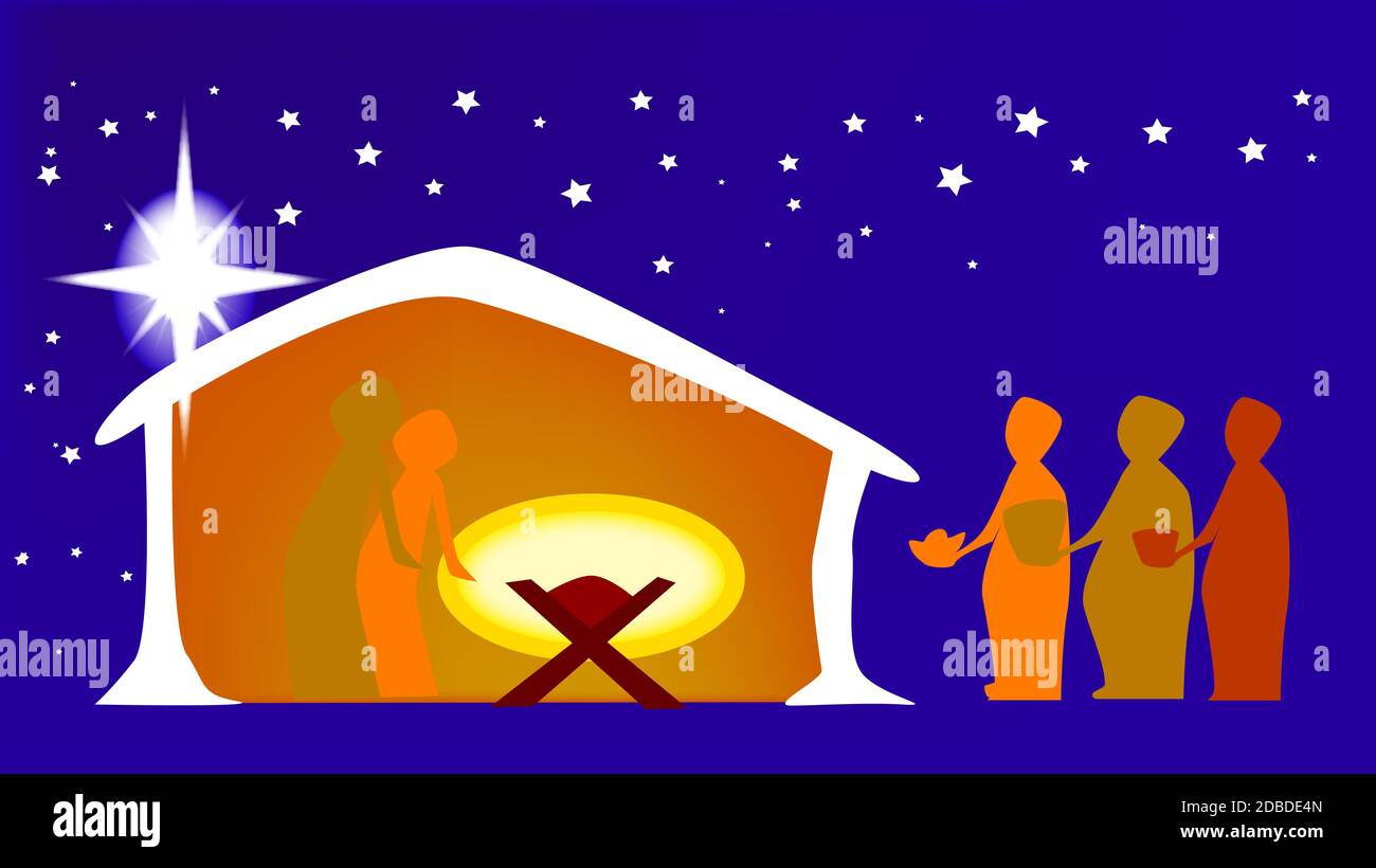 The birth of Jesus with the star and the three wise men bearing gifts ...