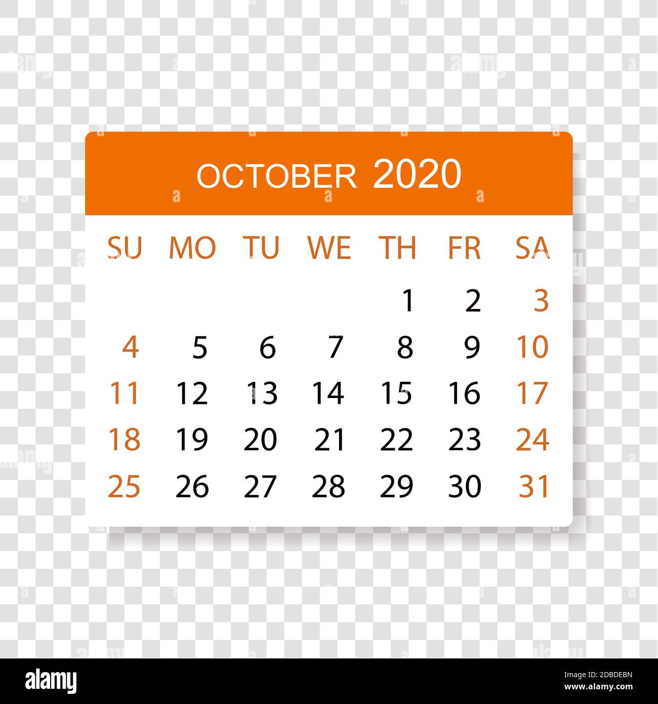Calendar 2020. Page with October isolated on transparent background ...