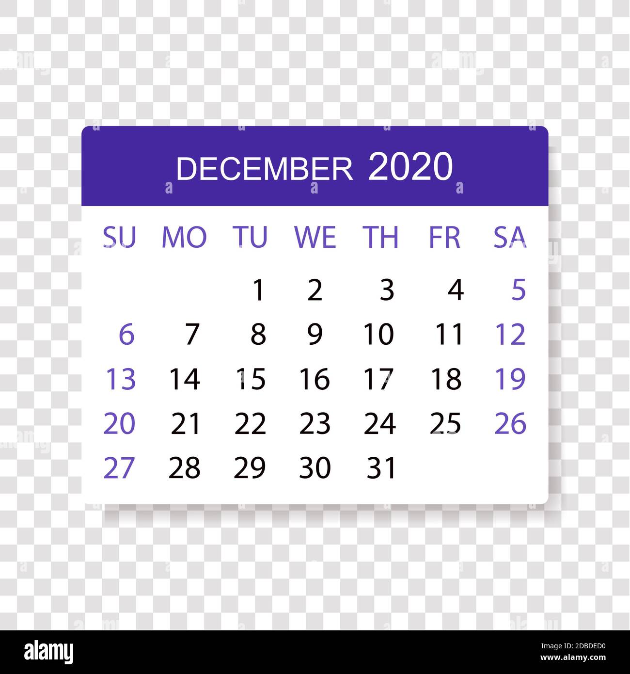 Calendar 2020. Page with December isolated on transparent background ...