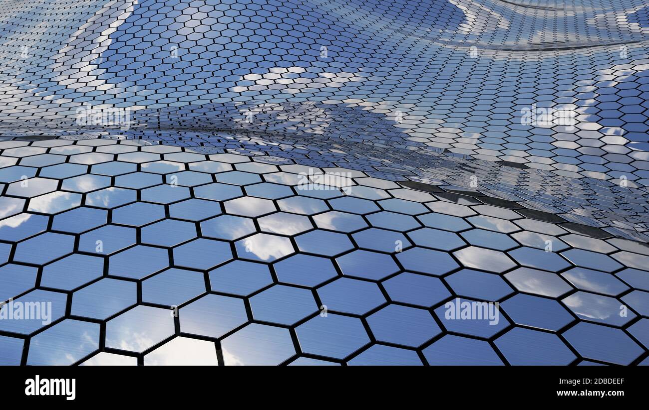 Futuristic wavy chrome surface hexagon sky reflection pattern, building ...