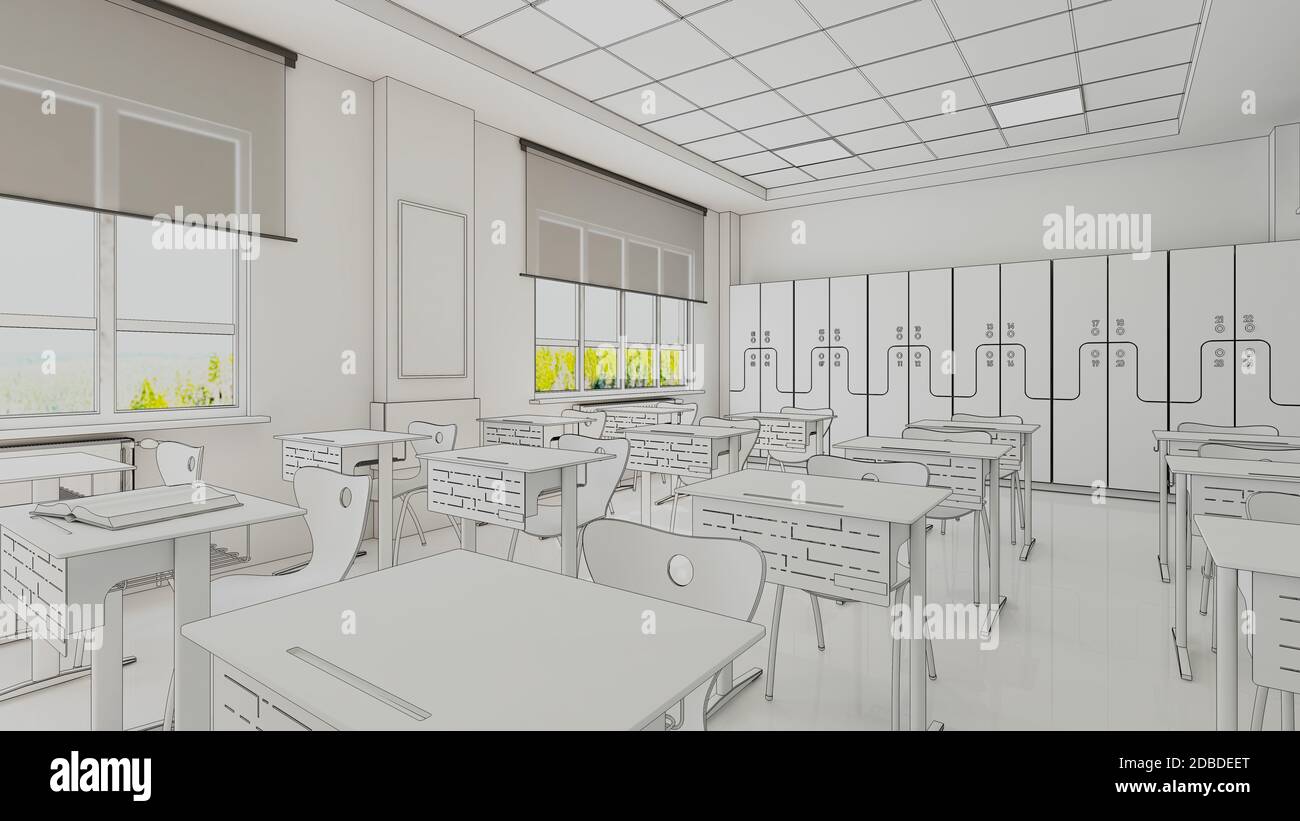 Classroom design with modern desks, seats and wardrobe draw 3D ...