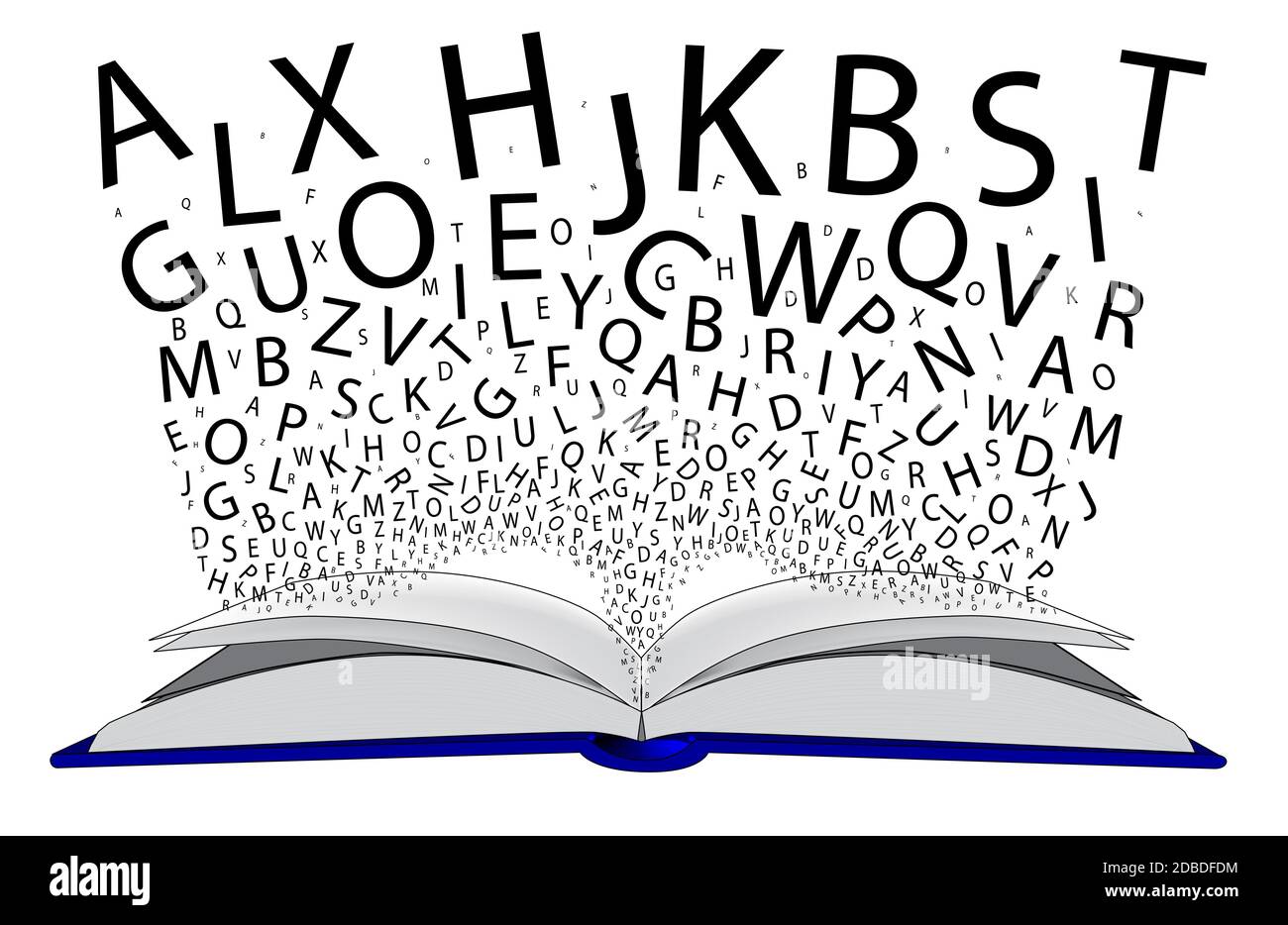 Open book words flying Cut Out Stock Images & Pictures - Alamy