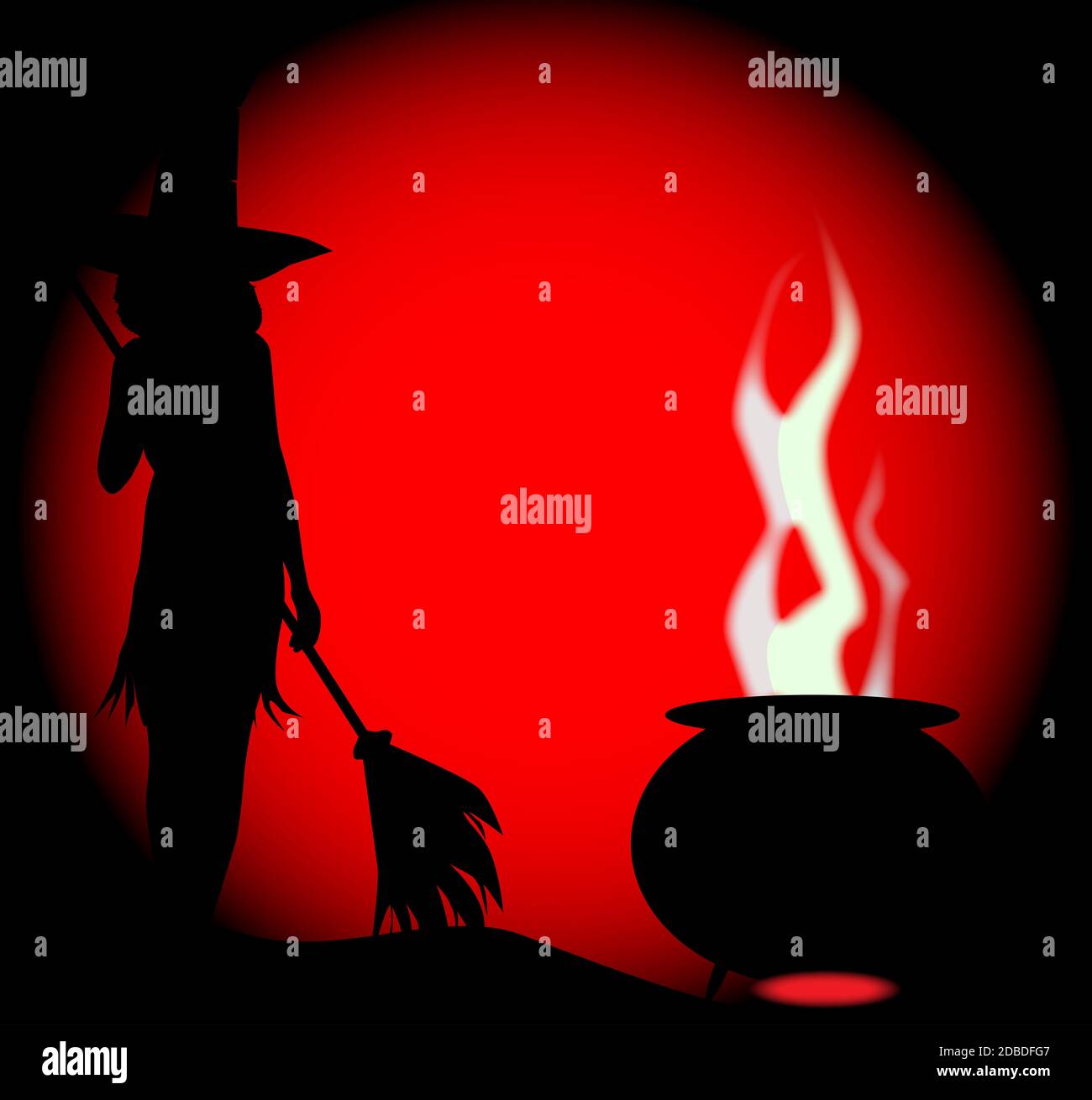 A witch with her cauldron boiling against a blood red full moon Stock ...