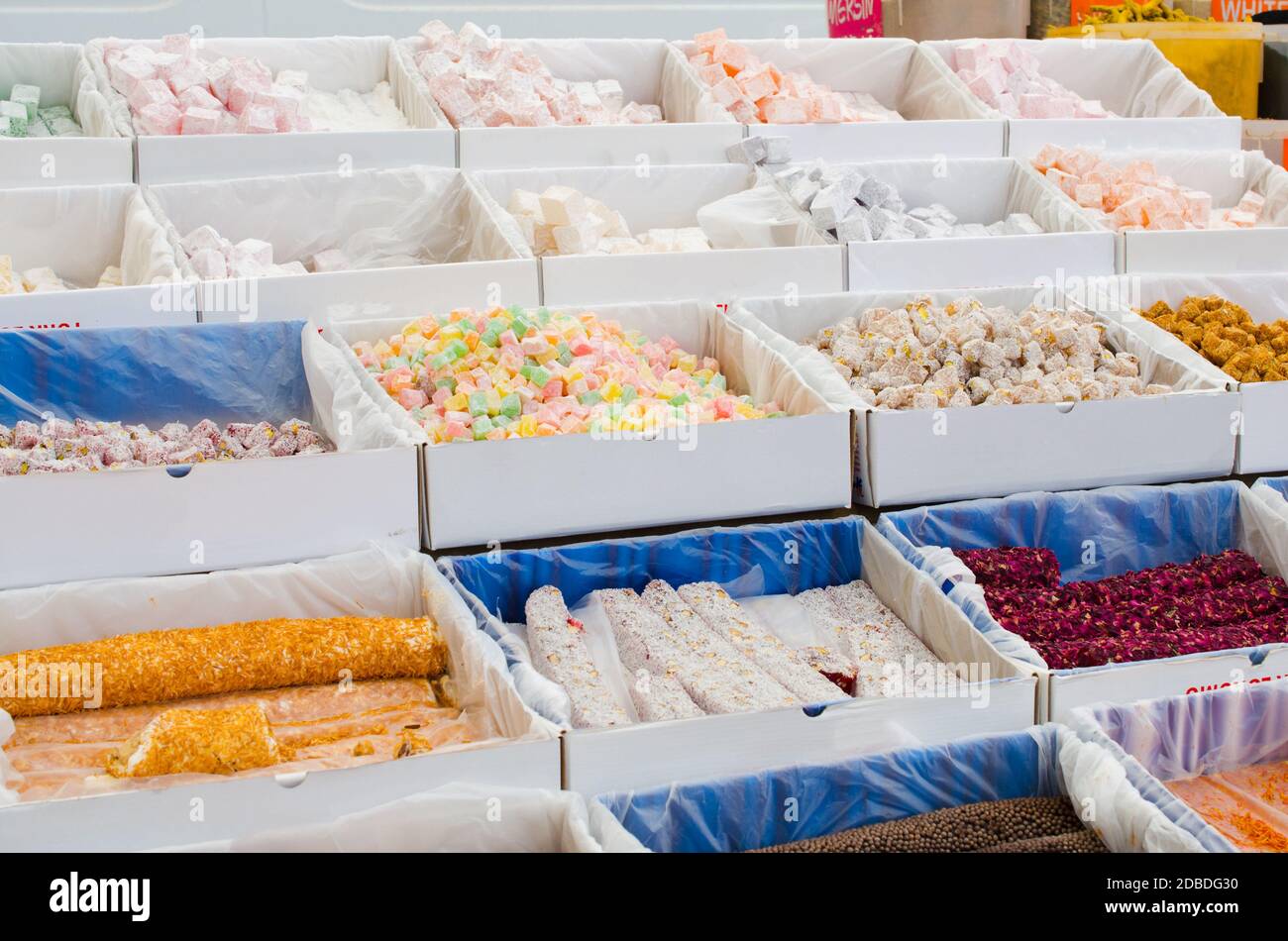 Assorted Turkish Delight. Traditional eastern sweets on market. Turkish ...