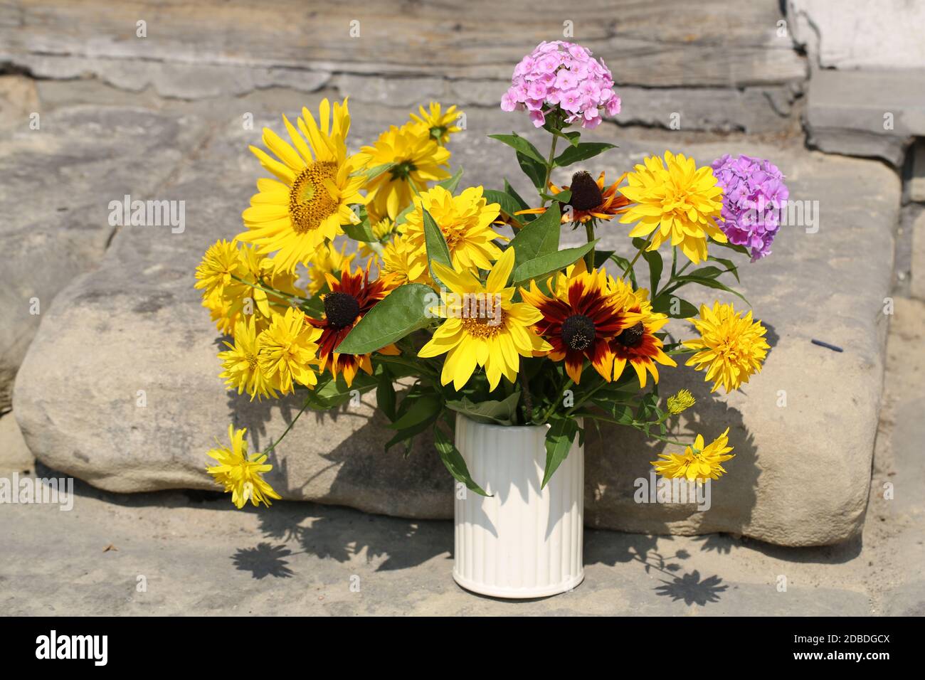 the beautiful bouquet from sunflowers, hydrangeas and chrysanthemums ...