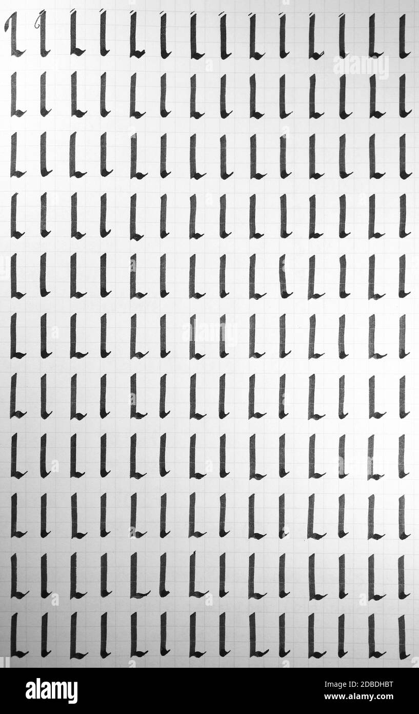 Calligraphy black and white letters L background. Lettering practice ...