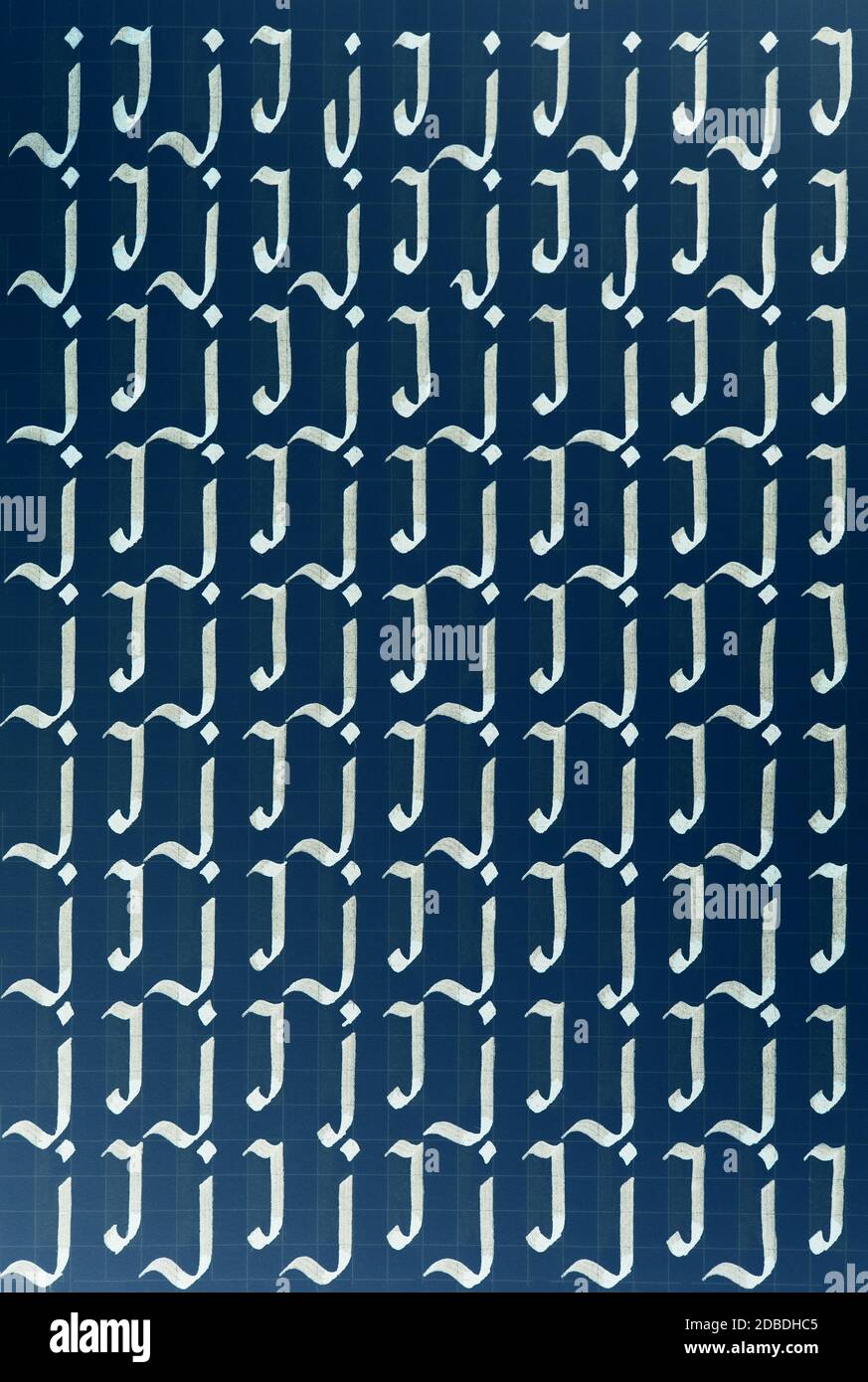 Calligraphic white on dark blue letter J learning skills paper page ...