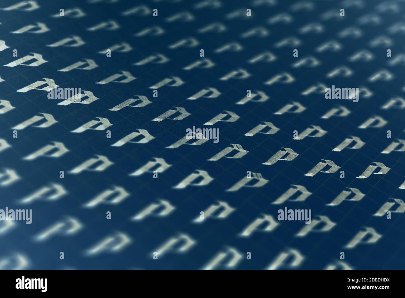 Calligraphic white on dark blue letter P learning skills paper page ...