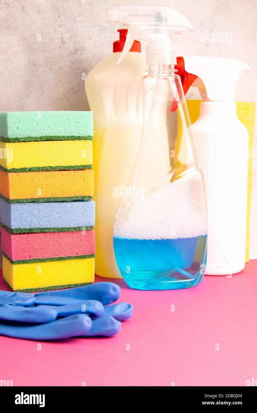 Colorful cleaning set for different surfaces in kitchen, bathroom and ...