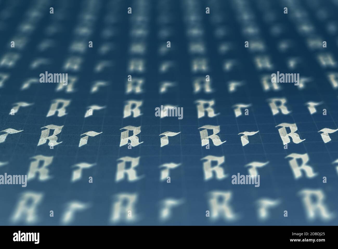 Calligraphic white on dark blue letter R learning skills paper page ...