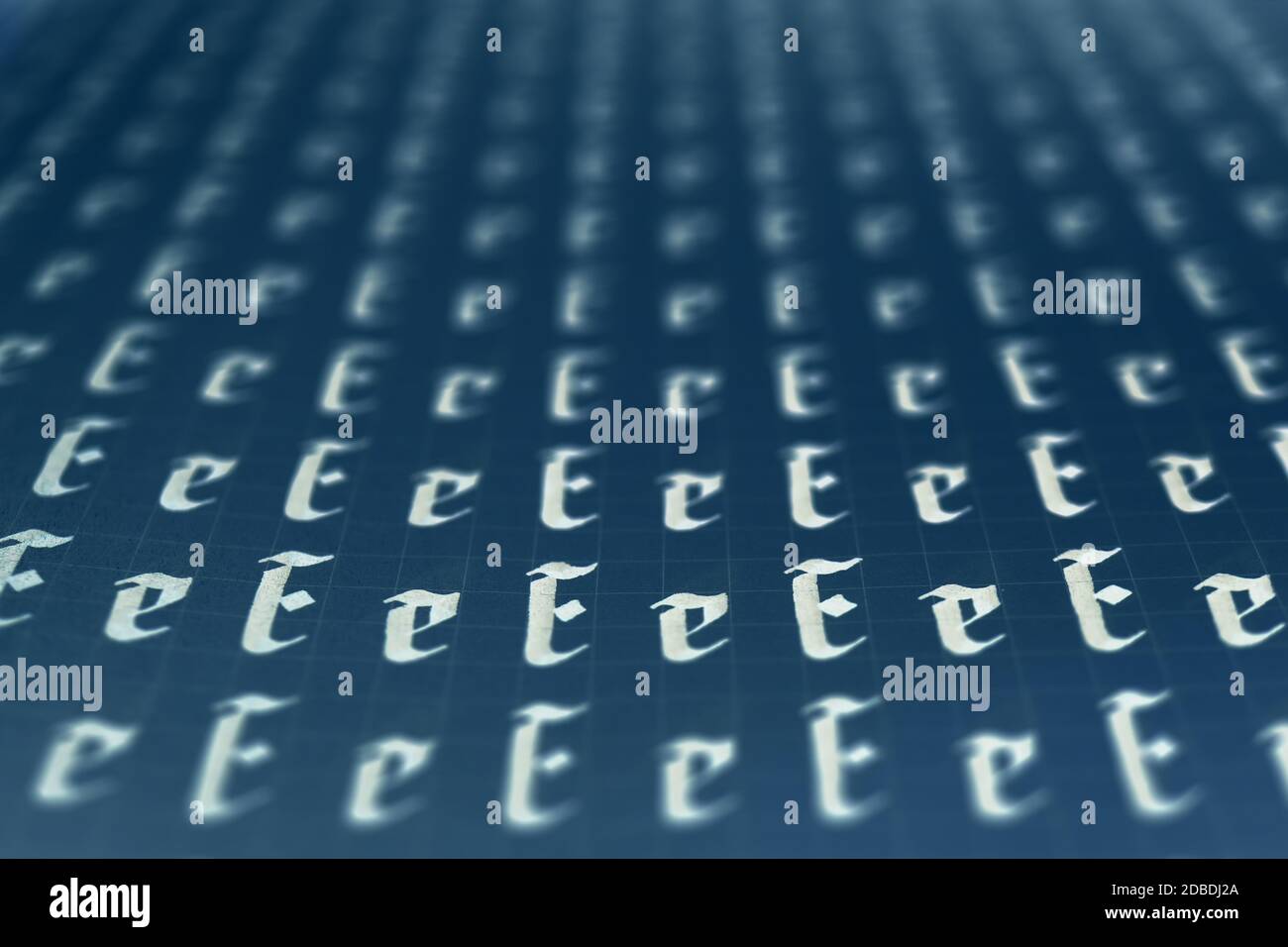 Calligraphic white on dark blue letter E learning skills paper page ...