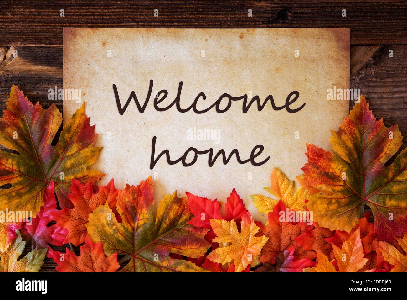 Grungy Old Paper With English Text Welcome Home. Colorful Autum ...