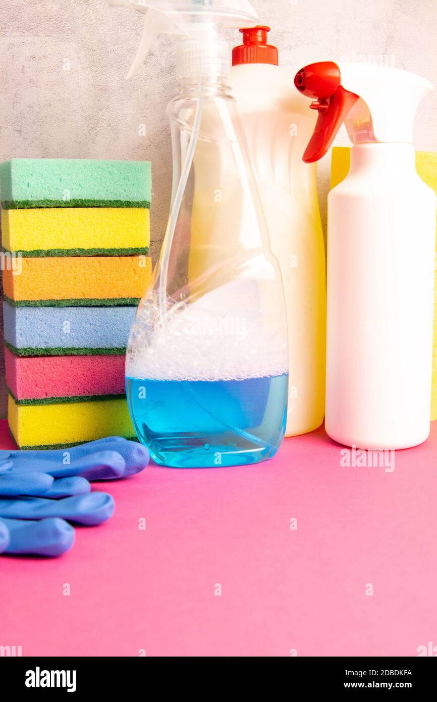 Colorful cleaning set for different surfaces in kitchen, bathroom and ...