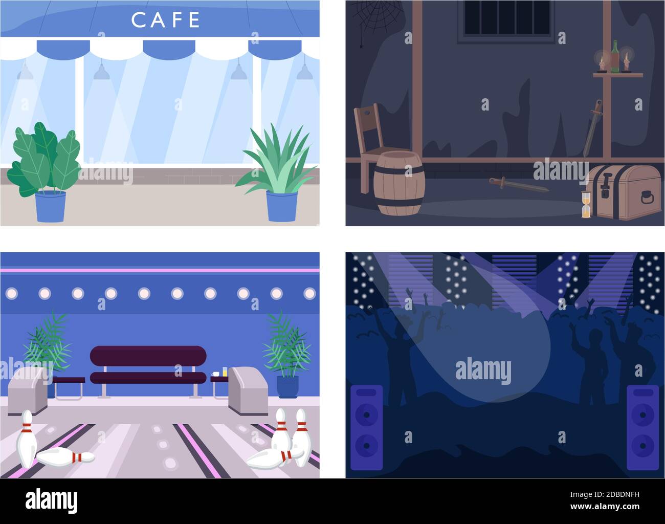 Weekend entertainment spot flat color vector illustration set Stock ...