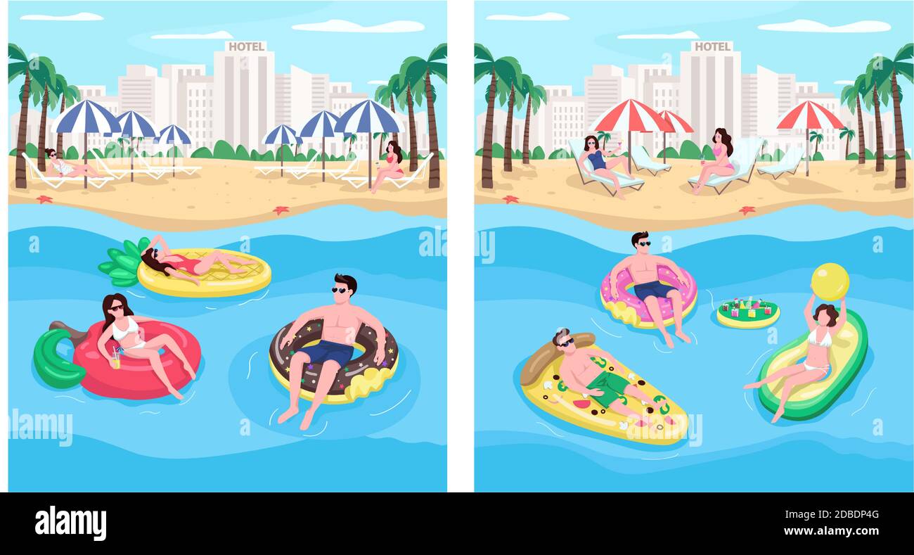 People floating on inflatables flat color vector illustration set Stock ...