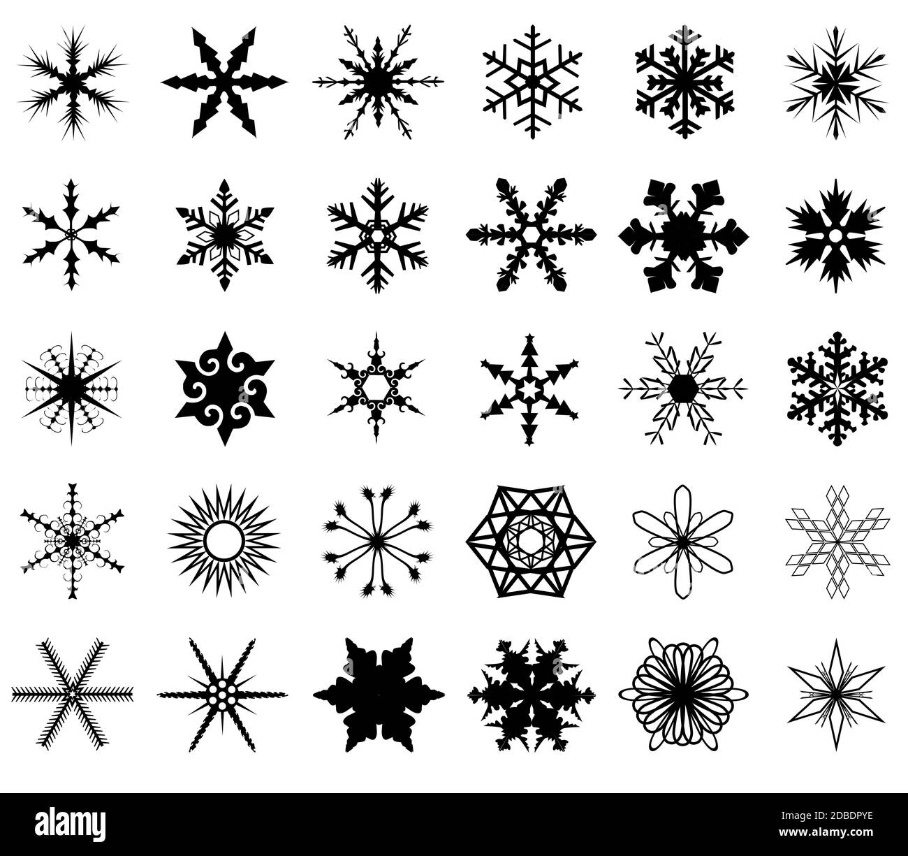 A collection of 30 different snowflakes isolated on a white background ...