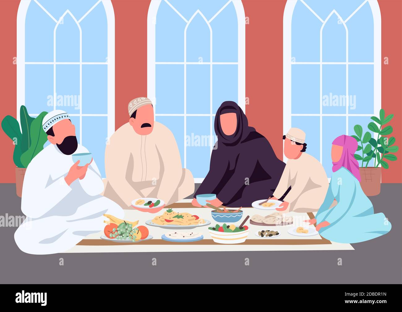 Muslim family eat together flat color vector illustration Stock Vector ...