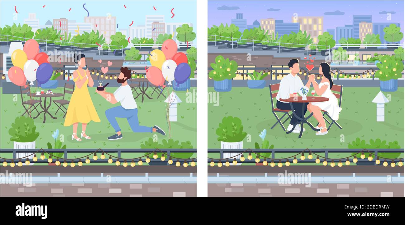 Romantic couple dates flat color vector illustration set Stock Vector ...