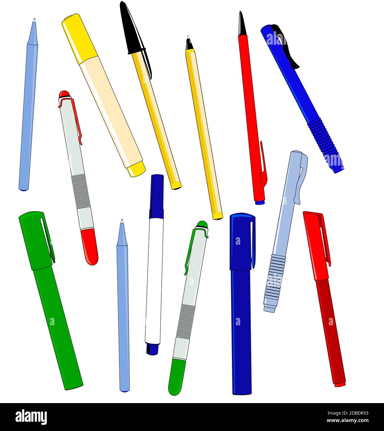 A collection of office pens in assorted colours all isolated on white ...