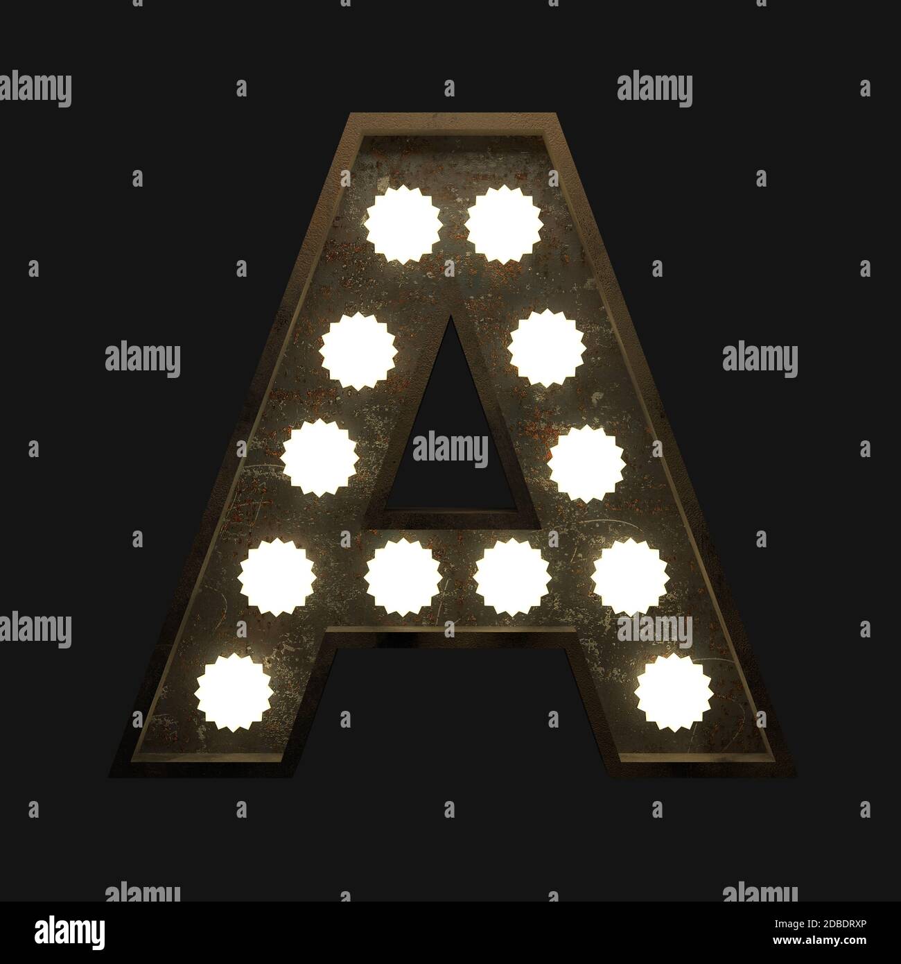 Metal letter A with small lamps on a dark background, 3d rendering ...
