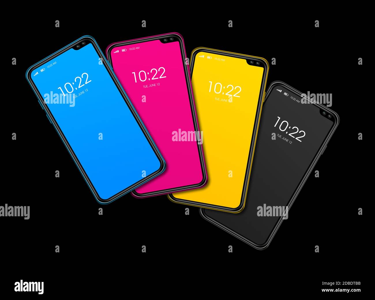 CMYK smartphone colorful set isolated on black Background. 3D render ...