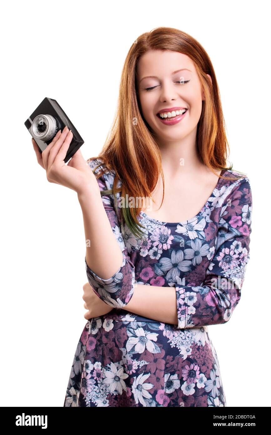 Beautiful smiling young girl with closed eyes, looking pleased and ...